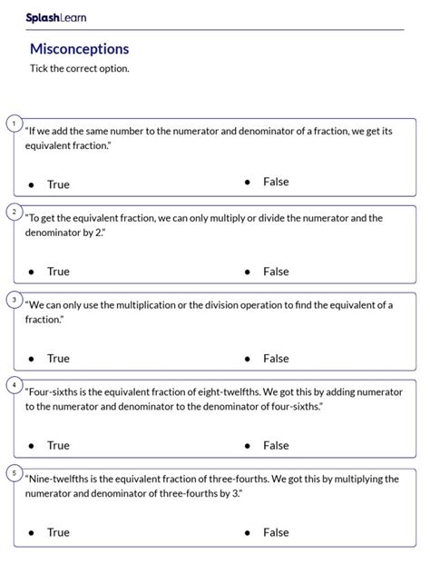 Misconceptions Statements On Equivalent Fractions Worksheet Pdf