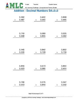Decimal Addition Three Digits Three Digits DA 3 3 By Andy Gallardo