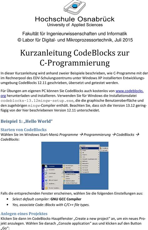 Kurzanleitung Codeblocks Zur C Programmierung In Dieser Kurzanleitung