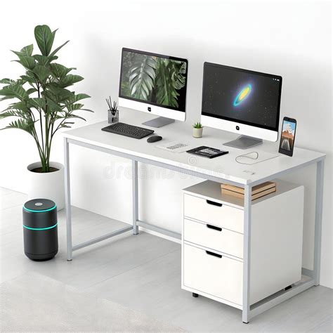 Modern Minimalist Desk With Dual Monitors And Holographic Ai Assistant Stock Illustration