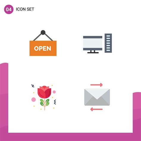 Group Of 4 Modern Flat Icons Set For Open Tulip Computer Server Share Editable Vector Design