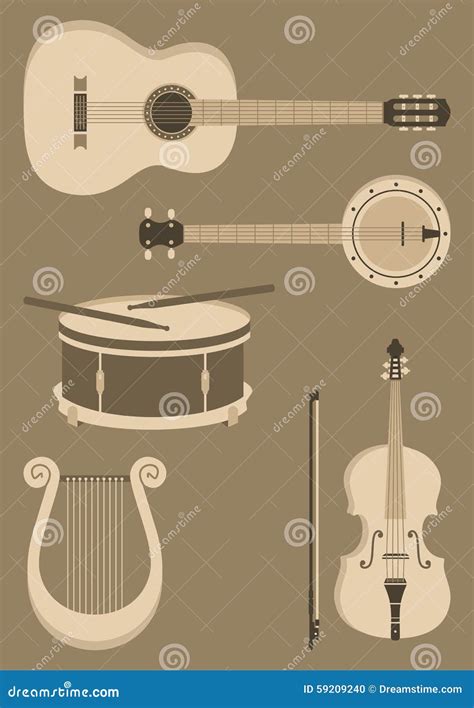 Set Of String Instruments Playing By Bowing The Strings Vector Illustration