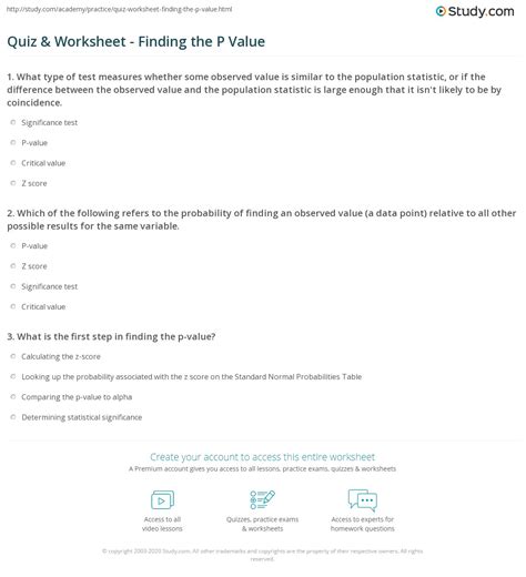 quiz and worksheet finding the p value