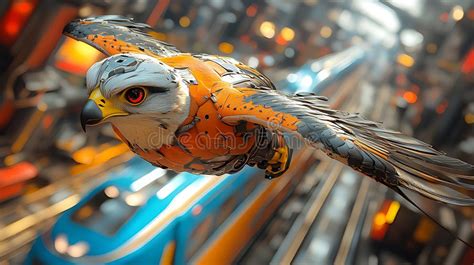 Robotic Falcon Soaring Above City Train Tracks Stock Illustration