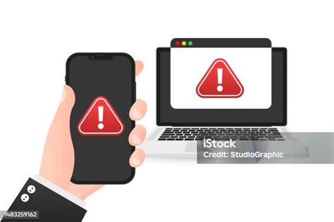 주의 메시지 노트북 및 스마트폰 화면의 경고 표시 위험 오류 경고 브라우저 창에 사기 경고 빨간색 메시지가 표시됩니다 스크린 컴퓨터에 격리된 사기 기호 레이블 벡터 그림