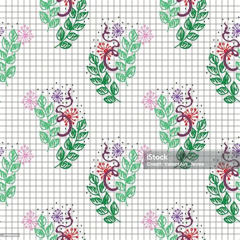 원활한 벡터 패턴 꽃과 체크 무늬 종이에 잎 배경 손 밑그림 그리기입니다 잉크 Pencilling 모방 손으로 그린 패턴의 시리즈입니다 곤충에 대한 스톡 벡터 아트 및 기타