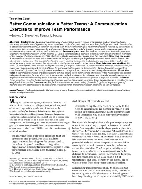 Pdf Better Communication Better Teams A Communication Exercise To Improve Team Performance