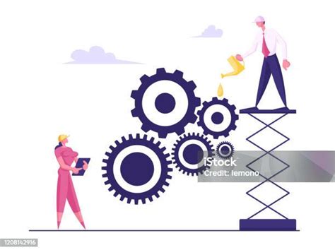 비즈니스 캐릭터 이동 거대한 기어 태블릿에서 톱니 바퀴 프로세스를 관리하는 여성 오일러와 남자 그리스 메커니즘 작업 루틴 프로세스 및 팀워크 개념 만화 플랫 벡터 일러스트