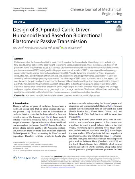 pdf design of 3d printed cable driven humanoid hand based on