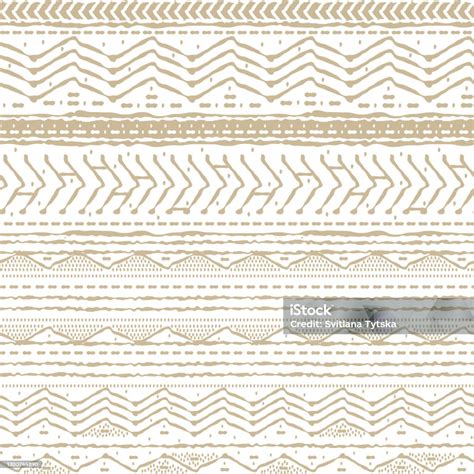 수평 원활한 추상 겨울 반복 테두리 패턴 베이지 색 삼각형 또는 깨진 선 지그재그 원 또는 큰 점 모양의 임의의 거친 트위스트 부분 흰색 배경에 손으로 그린 효과 0명에