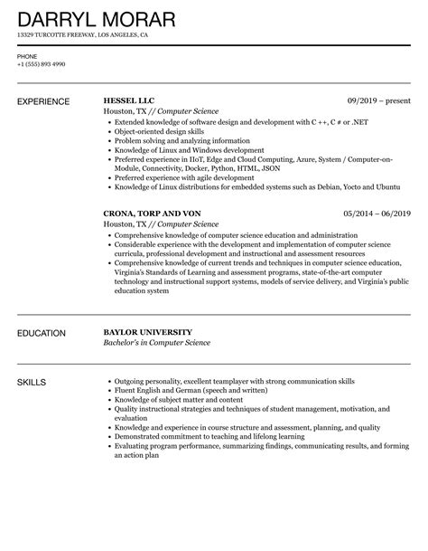 Computer Science Resume Samples Velvet Jobs