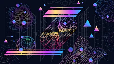Neo Futuristic Abstract Background With 3d Grids And Shapes Neon Wireframe Graphic Retro Cyber