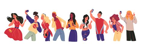 스마트 폰이 사진을 찍고 셀카를 만들고 문자 메시지 및 인터넷에서 서핑을하는 세련된 옷을 입은 젊은 십대 그룹의 초상화가 흰색 배경에 고립되어 있습니다 Brand Name