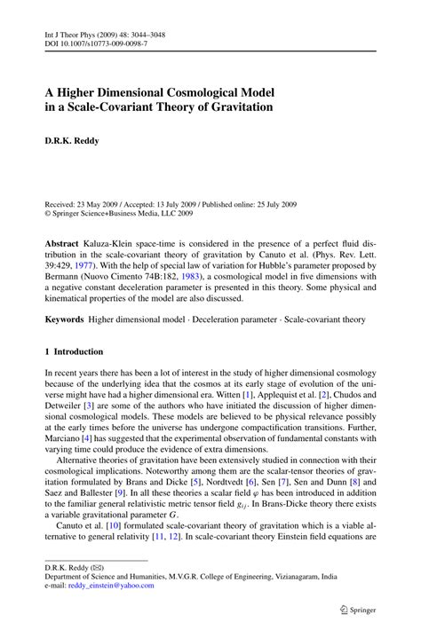 Pdf A Higher Dimensional Cosmological Model In A Scale Covariant Theory Of Gravitation