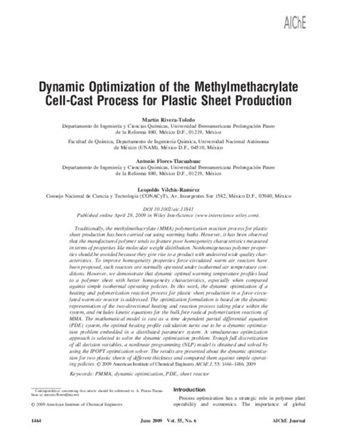 Pdf Dynamic Optimization Of The Methylmethacrylate Cell Cast Process For Plastic Sheet Production