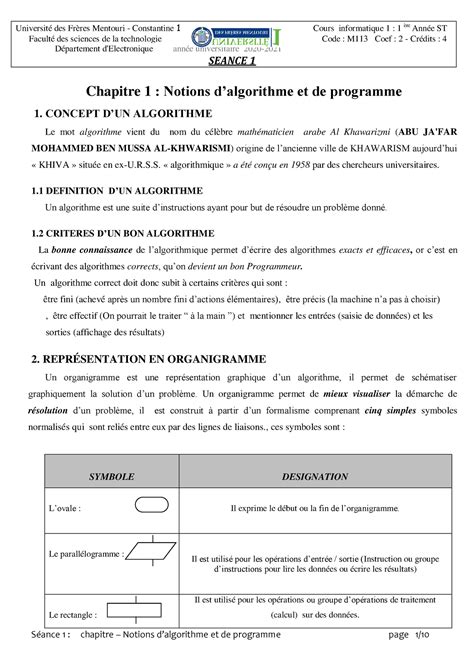 Informatique 1 Mezhoud Séance 1 Chapitre Notions Dalgorithme Et De Programme Page 1
