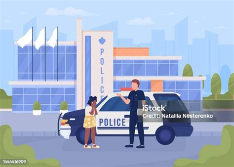 길 잃은 소녀와 경찰관 거리 평면 컬러 벡터 일러스트 레이 션 경찰관에 대한 스톡 벡터 아트 및 기타 이미지 경찰관 도시를 벗어난 장면 플랫 디자인 Istock
