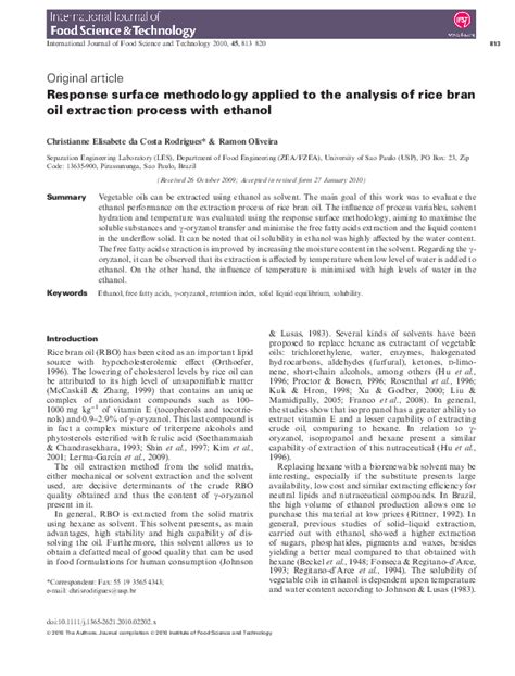Pdf Response Surface Methodology Applied To The Analysis Of Rice Bran Oil Extraction Process