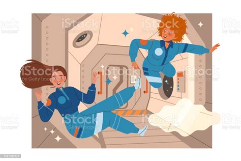 우주 왕복선에서 날아 다니는 우주복의 우주 공간에서 여성 우주 비행사 캐릭터 벡터 일러스트 레이 션 우주 비행사에 대한 스톡