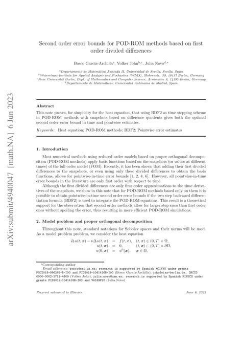 Pdf Second Order Error Bounds For Pod Rom Methods Based On First Order Divided Differences