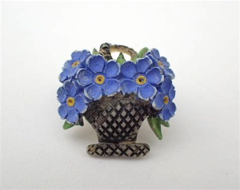 1930s Tiny Forget Me Not Brooch Carved Celluloid Flower Basket Lace