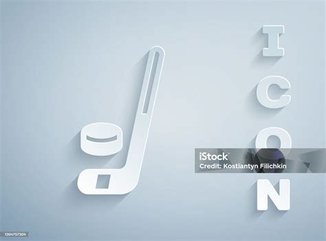 종이 컷 아이스 하키 스틱과 회색 배경에 고립 된 퍽 아이콘 종이 아트 스타일 벡터 3차원 형태에 대한 스톡 벡터 아트 및 기타 이미지 3차원 형태 겨울 겨울 스포츠