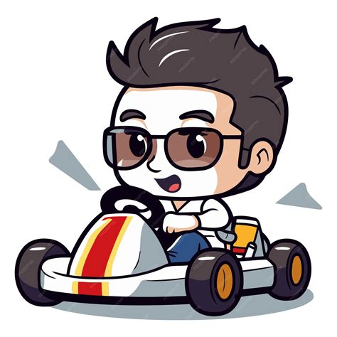 색 배경 에 카트 를 운전 하는 귀여운 소년 프리미엄 벡터
