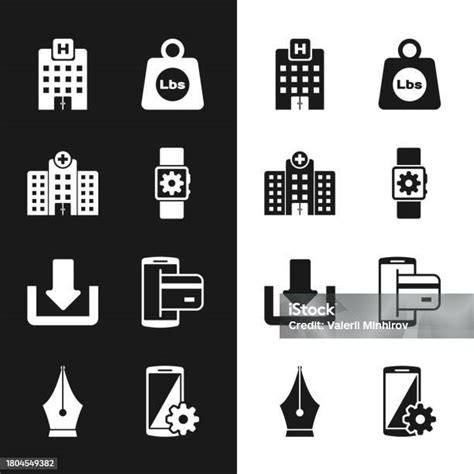 스마트워치 설정 의료 병원 건물 무게 파운드 다운로드 및 Nfc 결제 아이콘을 설정합니다 벡터 Brand Name Smart Phone에 대한 스톡 벡터 아트 및 기타