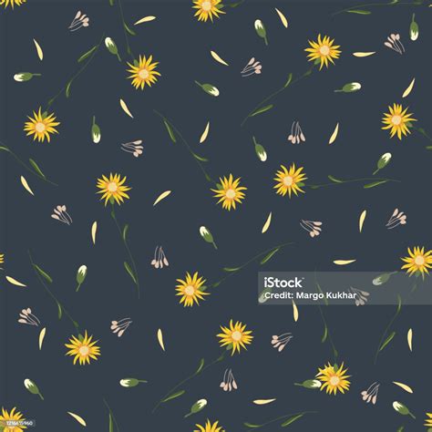 야생 초원 꽃 원활한 패턴입니다 피는 식물 모티프는 무작위로 흩어져 있습니다 다채로운 벡터 텍스처입니다 패션 직물 벽지 인쇄 꽃잎과 파란색 배경에 손으로 그린 꽃 꽃 0명에