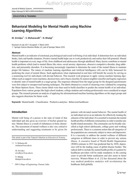 PDF Behavioral Modeling For Mental Health Using Machine Learning Algorithms