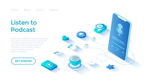 팟캐스트를 듣습니다 팟캐스트 라디오 서비스 스마트폰의 모바일 스트리밍 애플리케이션 팟캐스팅 개념입니다 흰색 배경에 웹을 위한 랜딩 페이지 템플릿입니다 3차원 형태에 대한