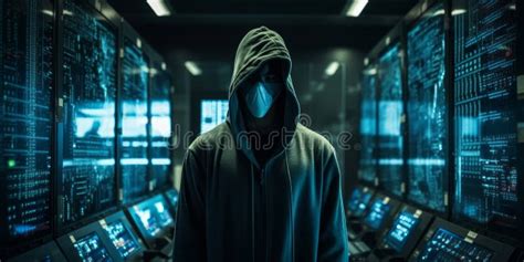 data breach anonymous hacker in hood and mask stealing data from
