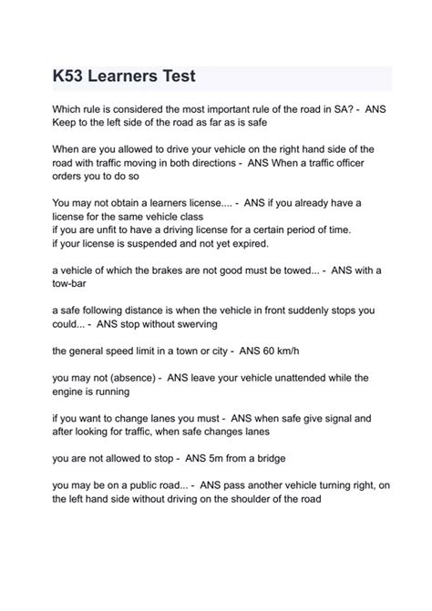 K53 Learners Test Questions With Correct Answers 2024 2025 A Graded 100 Verified Atssa