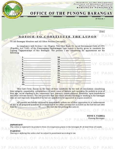 Kp Form No 1 Notice To Constitute The Lupon Pdf Public Law Justice