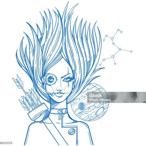 소녀의 초상화는 조디악 기호 궁수자리를 상징한다 색칠하기 위한 윤곽선 그리기 가냘픈에 대한 스톡 벡터 아트 및 기타 이미지 가냘픈 궁수자리 궁수자리 Istock