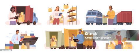 국제 및 지역 물류 주문 및 상품의 배달 및 운송을 다루는 관리자 차량 기차 또는 항공 도로로화물 플랫 만화 스타일의 벡터 저장고 일터에 대한 스톡 벡터 아트 및 기타