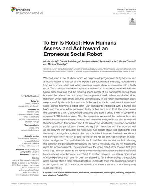 Pdf To Err Is Robot How Humans Assess And Act Toward An Erroneous Social Robot
