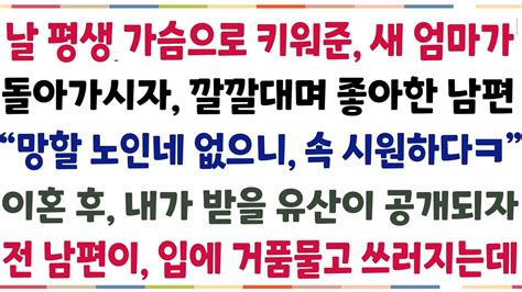 반전신청사연날 평생 가슴으로 키워준 새엄마가 돌아가시자 깔깔대며 좋아한남편 망할 노인네 없으니 시원하다 이혼후 내가받을 유산이 공개되자 신청사연 사이다썰 사연