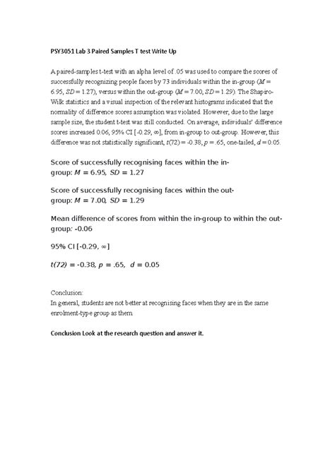 PSY Lab Paired Samples T Test Write Up Was Used To Compare The Scores Of Successfully