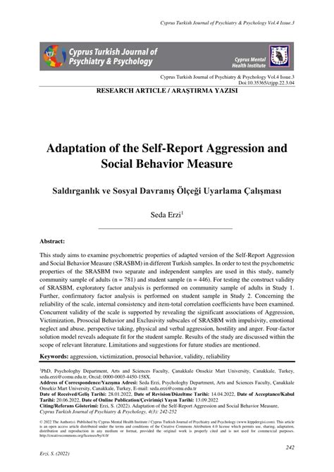 Pdf Adaptation Of The Self Report Aggression And Social Behavior Measure Srasbm