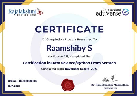 In Rajalakshmi Eduverse I Am Successfully Finishing My Data Science Raamshiby S