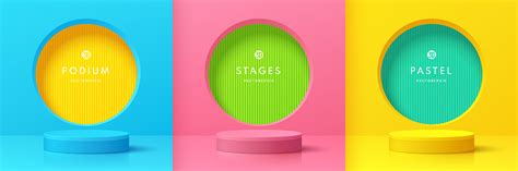 파스텔 다채로운 추상 룸에서 분홍색 노란색 및 파란색의 현실적인 3d 실린더 받침대 연단 세트 벡터 기하학적 형태 모형 제품