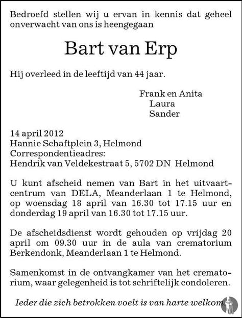 Bart Van Erp 14 04 2012 Overlijdensbericht En Condoleances Mensenlinq Nl