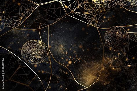 Abstract Cosmic Background With Gold Metallic Foil And Marbled Textures Inlay Sacred Geometry