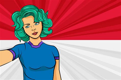 팝 아트 유니콘 컬러 머리 스타일으로 소녀입니다 젊은 팬 소녀 게 모나코의 국기 하기 전에 Selfie 벡터 스포츠 일러스트 복고 만화 스타일 Championship에 대한