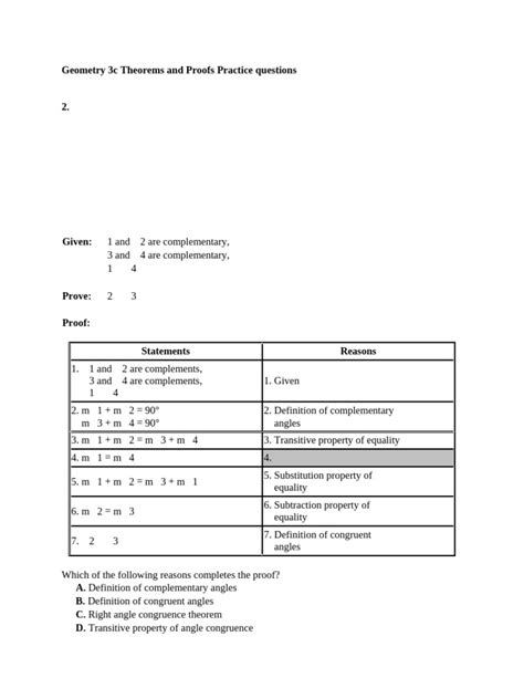 Geometry 3c Theorems And Proofs Practice Questions Pdf Classical