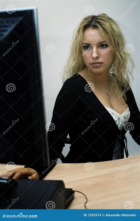 Sexy Blond Working At Computer Stock Images Image