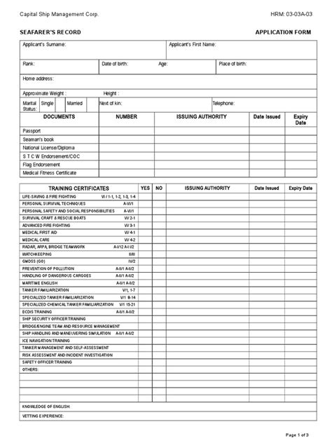 Seafarer Application Documentation Of Qualifications Training And Experience For Employment
