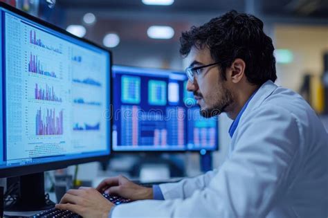 A Focused Scientist Analyzing Data On Computer Screens In A Laboratory Setting Showcasing