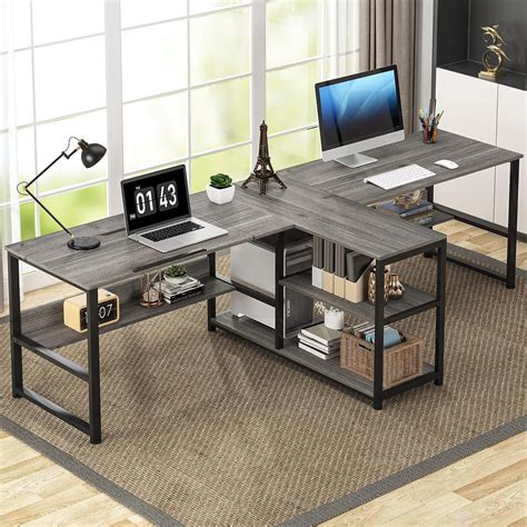 Tribesigns Two Person Desk With Storage Shelves And Tiltable Tabletop